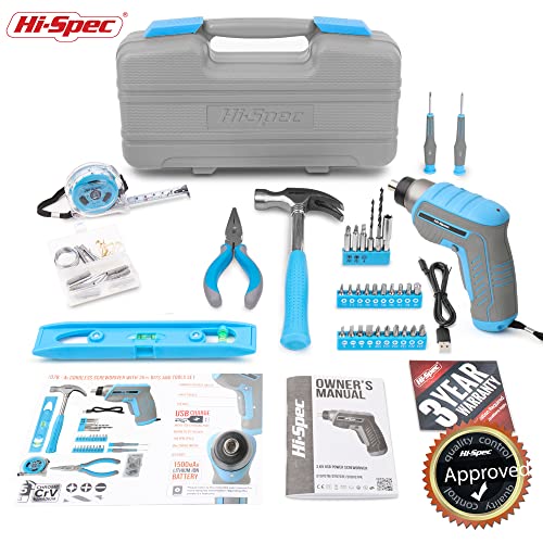 Hi-Spec 35pc Blue tool kit with 3.6V USB Electric Screwdriver and drill ...