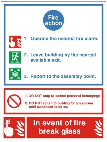 Fire Action Sign ‘Alarm, Nearest Exit, Assembly point, break glass ...