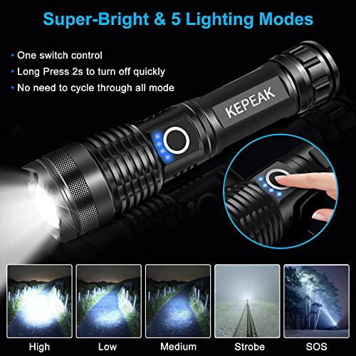 KEPEAK Flashlight, Rechargeable 5000 High Lumen Tactical Handheld ...