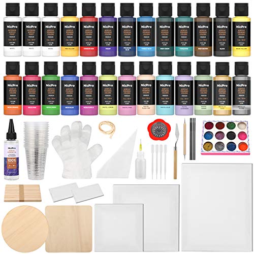 Nicpro 26 Colors 2oz Acrylic Pour Paint Supplies Kit, Pre-Mixed Pouring ...