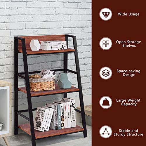 Tangkula 3-Tier Ladder Bookshelf, Industrial Wooden Bookcase w/Metal ...