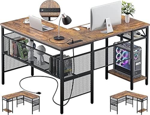 L Shaped Desk with USB Charging Port and Power Outlet, Reversible L ...