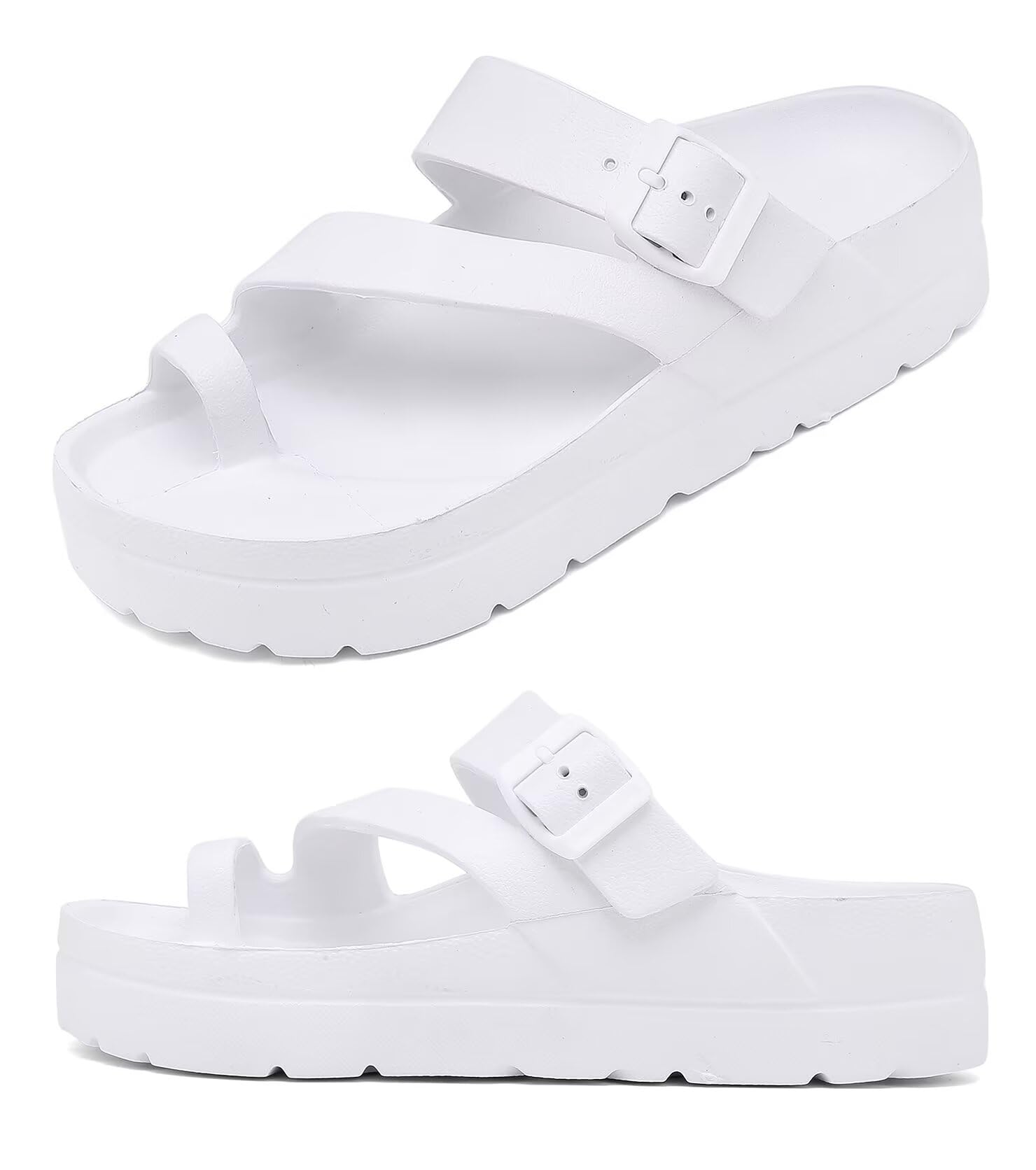 Women White Platform Slides Adjustable Buckle EVA Sandals, Toe Loop ...