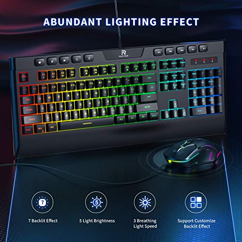 RUNMUS Gaming Keyboard and Mouse Combo, RGB Rainbow Backlit, Wired 104 ...
