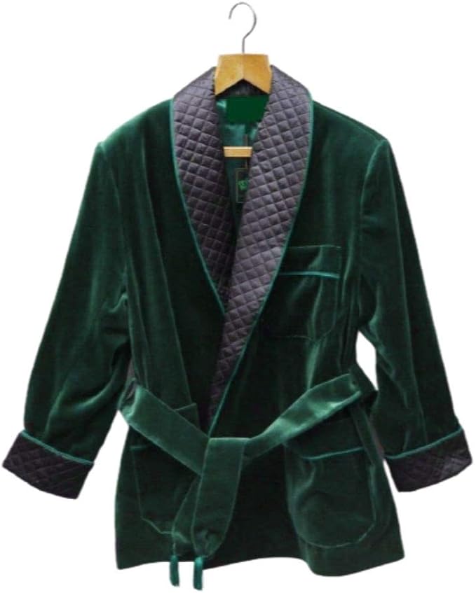 Fusion Studio Men's Smoking Jacket Green Velvet Quilted Robe Evening ...