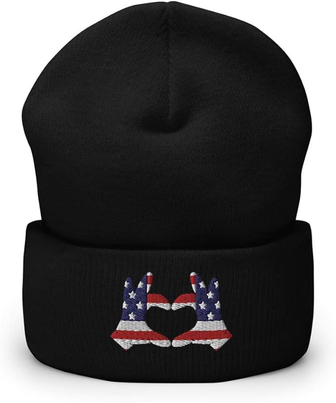 Amazon.com: American Flag Heart Hands Hat (Cuffed Beanie) Black ...