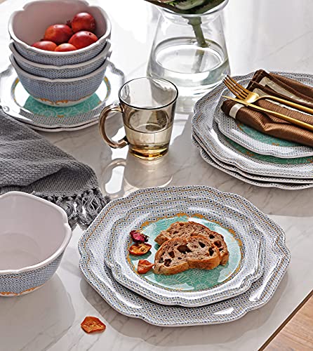Melamine Dinnerware Sets for 4,12PCS Tableware Plates Bowls, Blue Geen ...