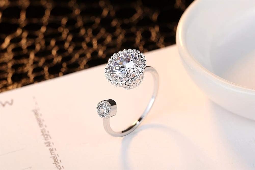 Amazon.com: 925 Sterling Silver Diamond Spinner Ring Adjustable Open ...