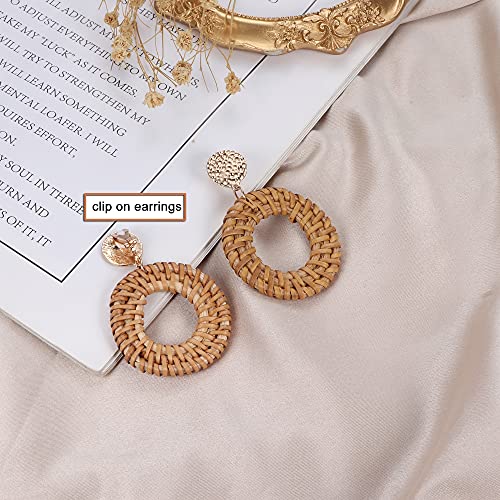 Finrezio 4 Pairs Clip On Drop Rattan Earrings Set Teardrop Round Geometric Bohemian Handmade ...