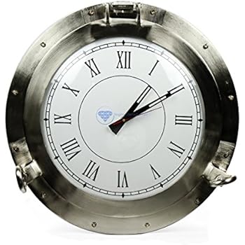 Amazon.com: 20" Large Aluminum Brushed Nickel Plated Metal Wall Clock | Nautical Porthole Clock ...