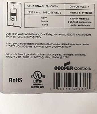 Cooper Controls ONW-D-1001-DMV-V NeoSwitch Dual Tech Dual Relay, No ...