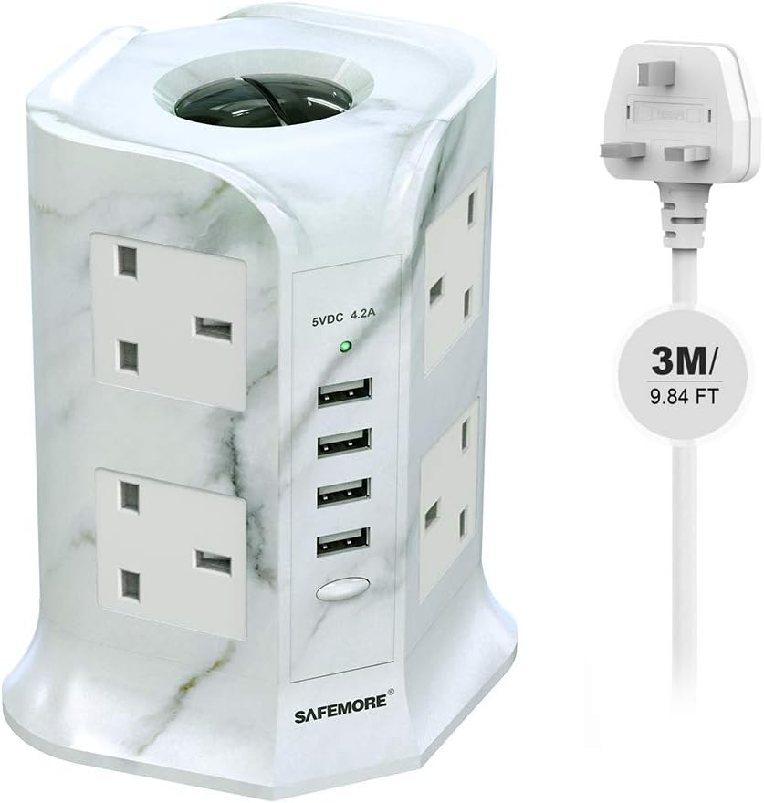 Extension Lead Tower with USB C Slots, SAFEMORE 8 Outlets Multi Plug ...