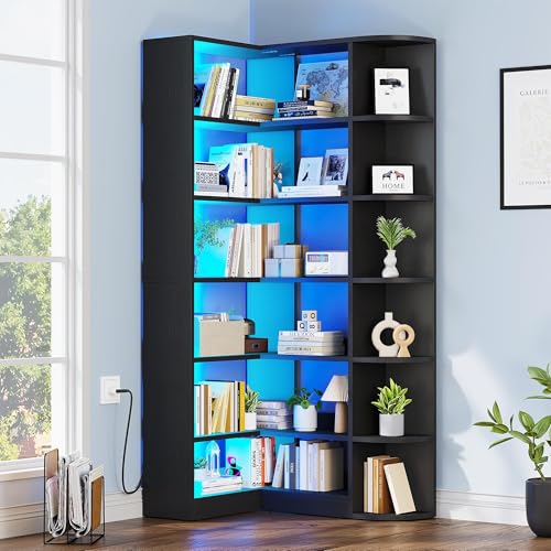 YITAHOME 6 Tier Corner Bookshelf with LED Light, Black Bookshelf L ...