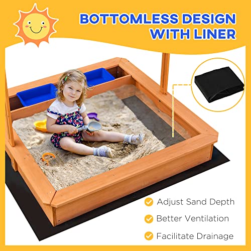 Outsunny Kids Wooden Sandbox with Adjustable Height Cover and Toy Bin ...