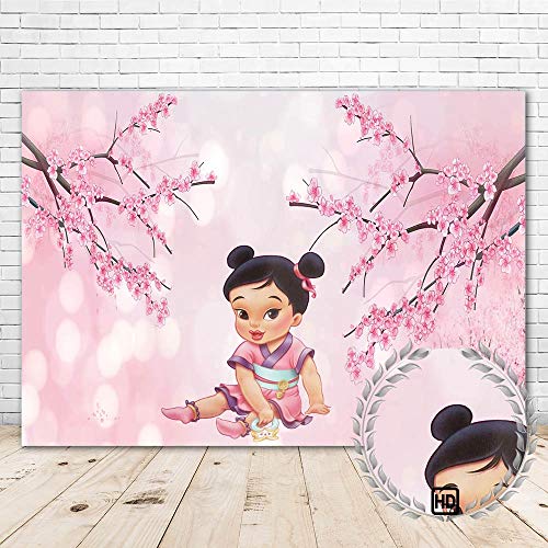 YR Glitter Happy Birthday Mulan Backdrop 5x3 Pink Cherry Flowers Baby ...