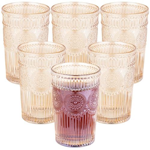Vintage Textured Amber Striped Drinking Glasses Set of 6, 13 oz Ribbed ...