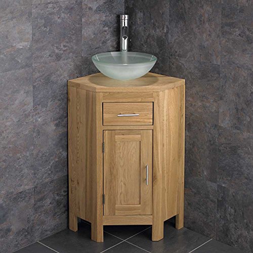 clickbasin Solid Oak Corner Vanity Unit From Our Alta Range in Natural Oak With Circular Frosted ...
