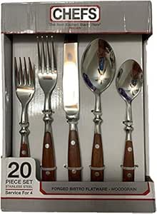 Amazon.com | CHEFS Stainless-Steel Woodgrain Bistro Flatware Set, 20 ...