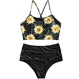 Amazon.com: ZAFUL Sunflower Bikini Set Padded Lace Up Ruched Tankini ...