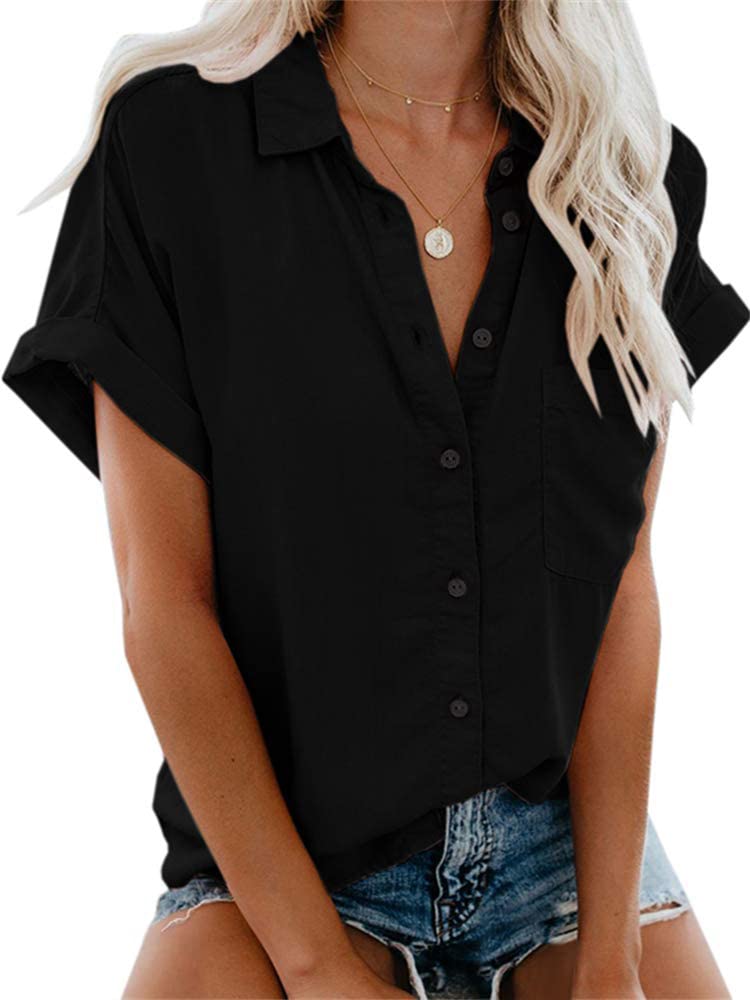 IPMQ Womens Button Down Shirts Short Sleeve Linen Cotton Collared ...