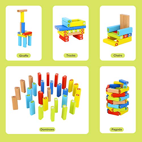 TOOKYLAND 54 PCS Colorful Wooden Blocks Stacking Board Game for Kids 4 ...
