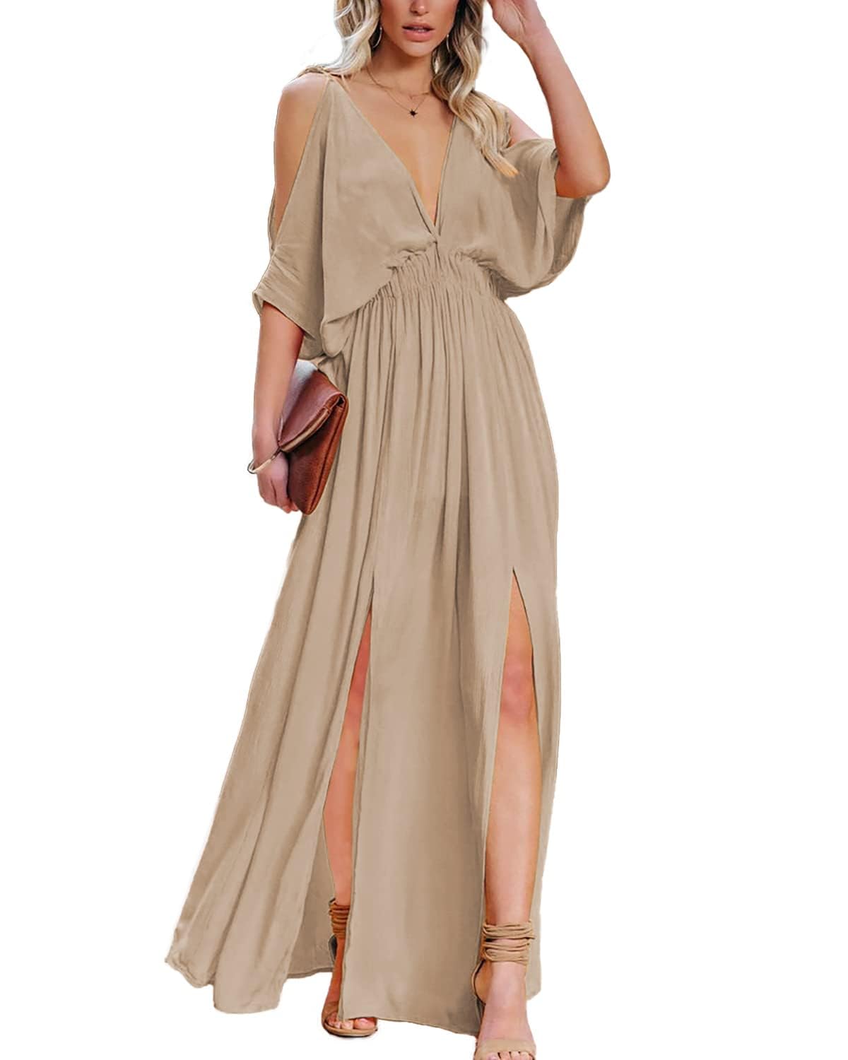 DEEP SELF Women's Summer V Neck Split Cold Shoulder Maxi Dress Short ...