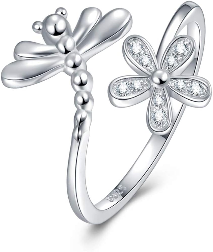 APOTIE 925 Sterling Silver Dragonfly Ring - Adjustable Flower Open Ring ...