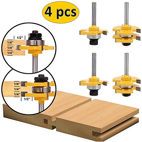 4Pcs Tongue Groove Router Bit Set, 1/4 inch Shank Wood Door Flooring 3 ...
