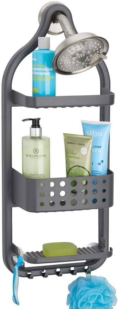 mDesign Shower Caddy — Hanging Caddy with 3 Shower Shelves, 5 Hooks and ...