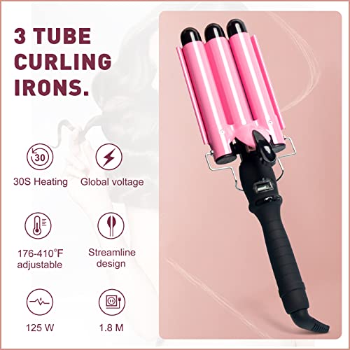 Awhoas 25mm Wave Curling Iron,3 Barrel Curling Iron Wand, Pink Hair Waver Anti-Scalding Ceramic ...