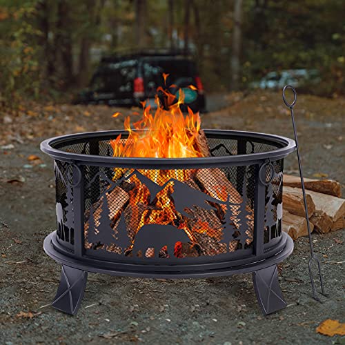 STBoo 24" Fire Pits Outdoor Wood Burning with Spark Screen, Fire Poker ...