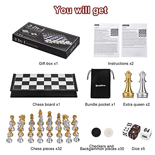 QuadPro 3 in 1 Magnetic Chess Checkers Backgammon Board Game Set with ...