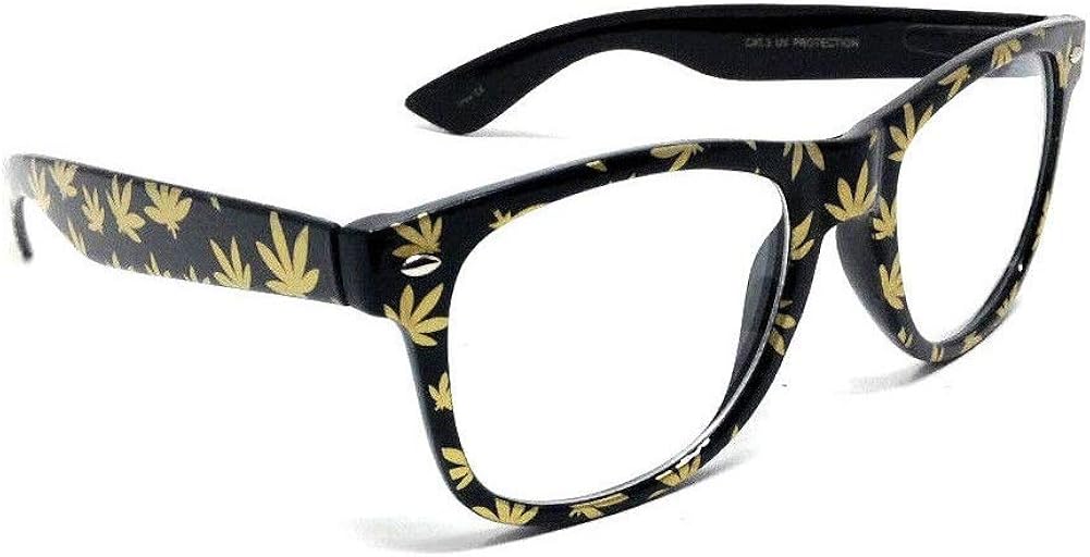 Amazon.com: Black & Gold Marijuana Weed Leaf Square Sunglasses w/Clear ...