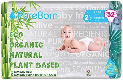 PureBorn Organic/Natural Bamboo Baby Disposable Size 2 Diapers/Nappy ...