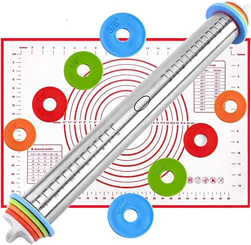 17'' Adjustable Rolling Pin Stainless Steel and 24"x16" Silicone Pastry ...