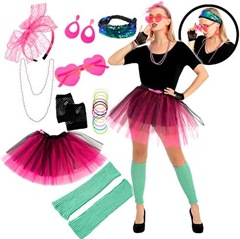 9 Pcs 80s Costume Accessories Set with Tutu Skirt Headband Glasses ...