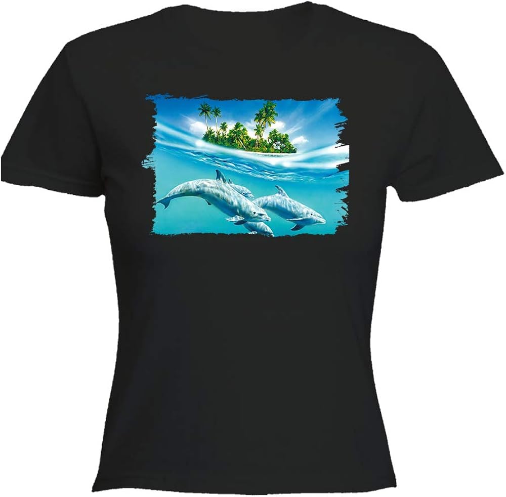 MERCHANDMANIA Camiseta Negra Mujer Delfines Delfin EN LA Playa Oferta ...