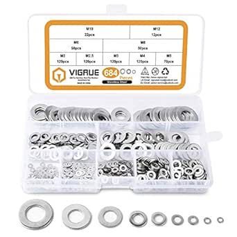 VIGRUE 304 Stainless Steel Flat Washers Assortment Washers Hardware Set 684pieces -9Sizes M2 M2 ...