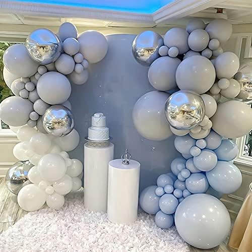Macaron Blue Gray Balloon Garland Arch kit backdrop 136pcs White Silver Metallic Balloons Set ...