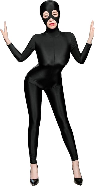 Women Shiny Bodysuit Full Body Hood Mask 2 Way Zipper Jumpsuit Zentai ...