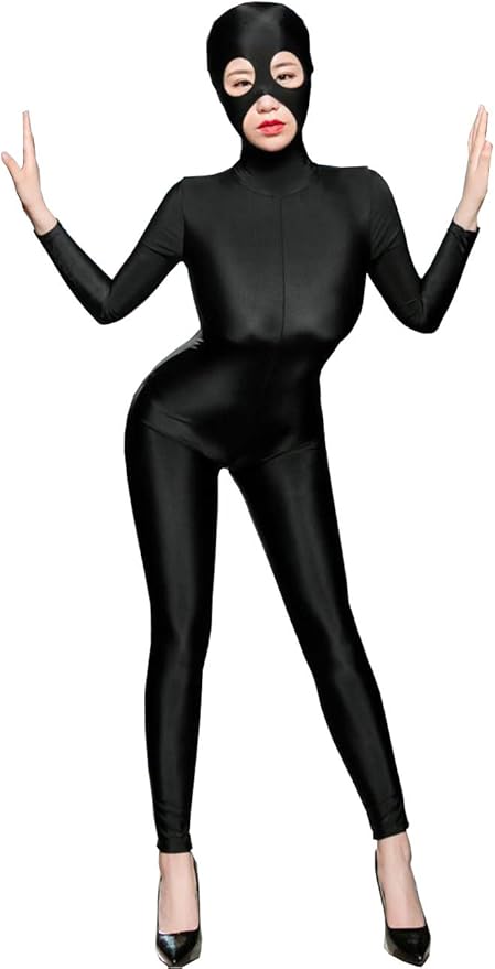 Women Shiny Bodysuit Full Body Hood Mask 2 Way Zipper Jumpsuit Zentai ...