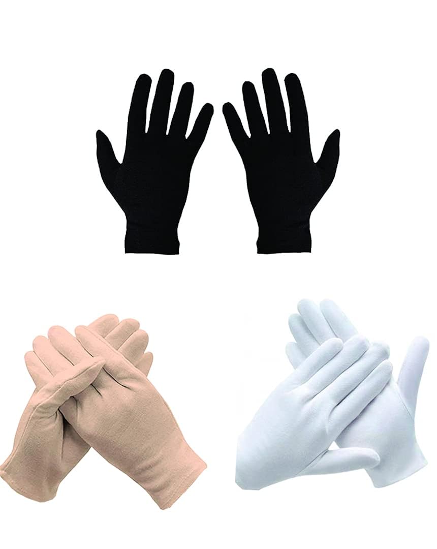 3 pair of cotton reusable hand gloves (black , skin , white) , washable ...