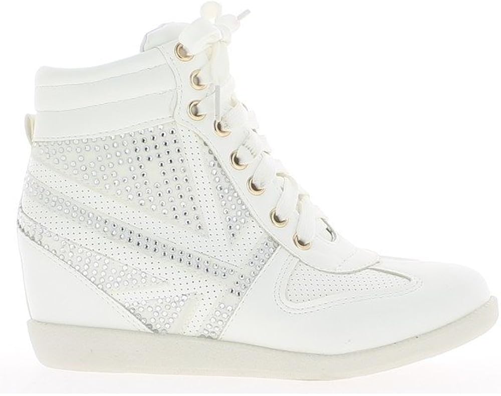 ChaussMoi Weiße steigende Keil Turnschuhe mit Straßsteinen, 7cm Absatz ...