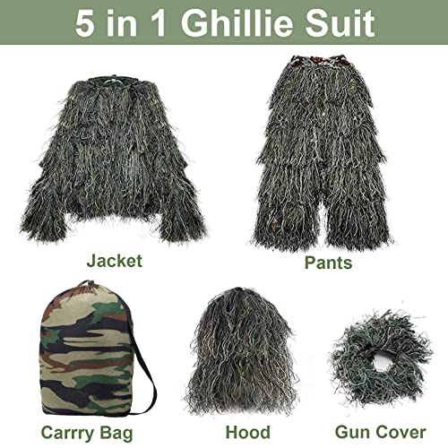 LATOLIN Ghillie Suit 5 In 1, 3D Camouflage Hunting Suit Clothes ...