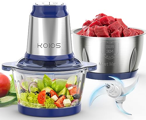 KOIOS 500W Powerful Electric Food Processor with 8 Cup Stainless Steel & Glass Bowls, 2 Speed ...