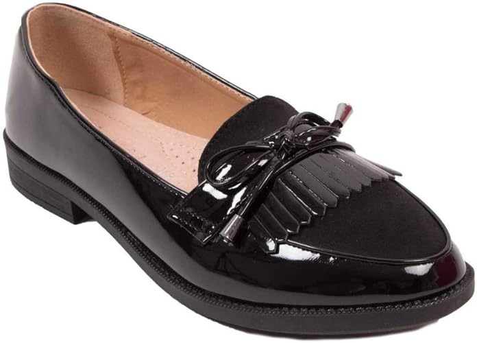 Mocassins Femme Vernis Noir ou Gris à Franges Bouts Pointus Simili Cuir ...