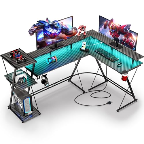 SEVEN WARRIOR L Shaped Gaming Desk with LED Lights & Power Outlets, 58 ...
