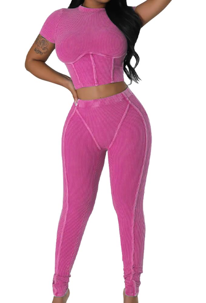 Women Sexy Two Piece Outfits Skims Ribbed Workout Lounge Leggings Sets ...