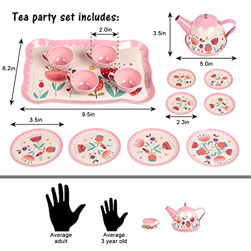 UNIH Tea Set for Little Girls,Kids Tea Set Pink Tin Tea Party Set with ...