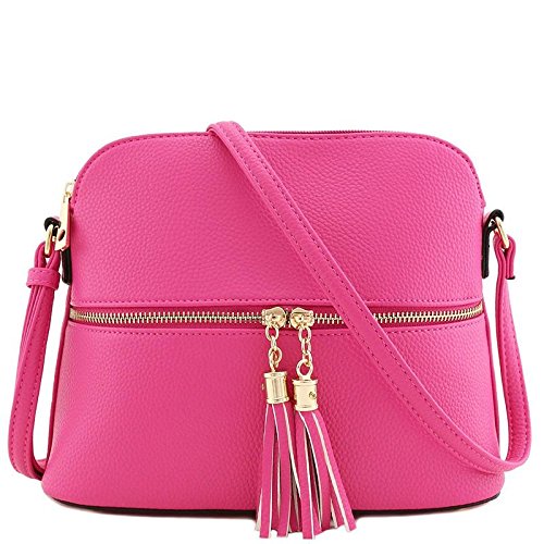 Fuchsia Crossbody Bag. Triple Zip Pocket Large Crossbody Bag (Fuchsia).